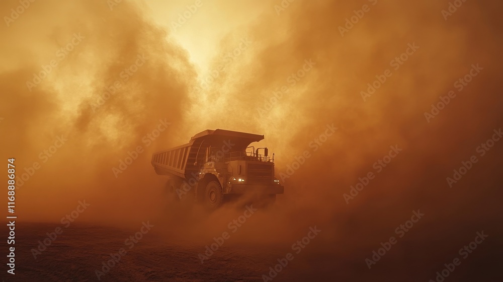 Large mining dump truck in dust cloud. Illustrates mining, industry ...