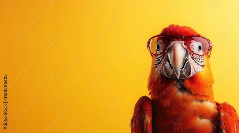 A colorful parrot wearing glasses stands confidently in front of a ...