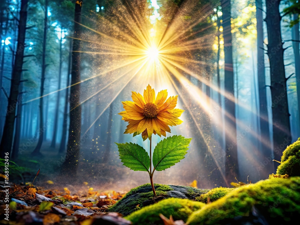 Double exposure magic: sun rays burst through foggy forest, creating a ...