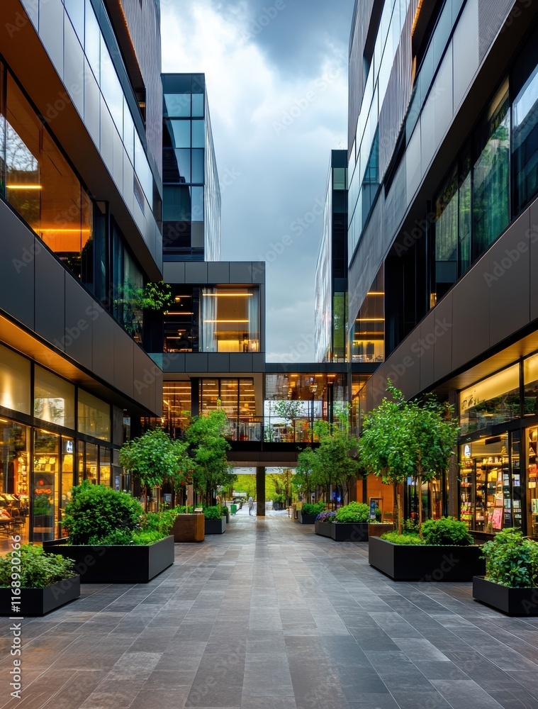 A captivating urban courtyard featuring sleek architecture, lush ...