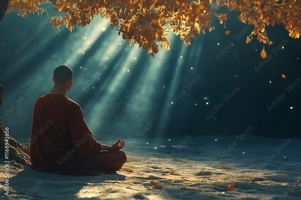 Monk meditating under a tree with glowing rays of light symbolizing ...