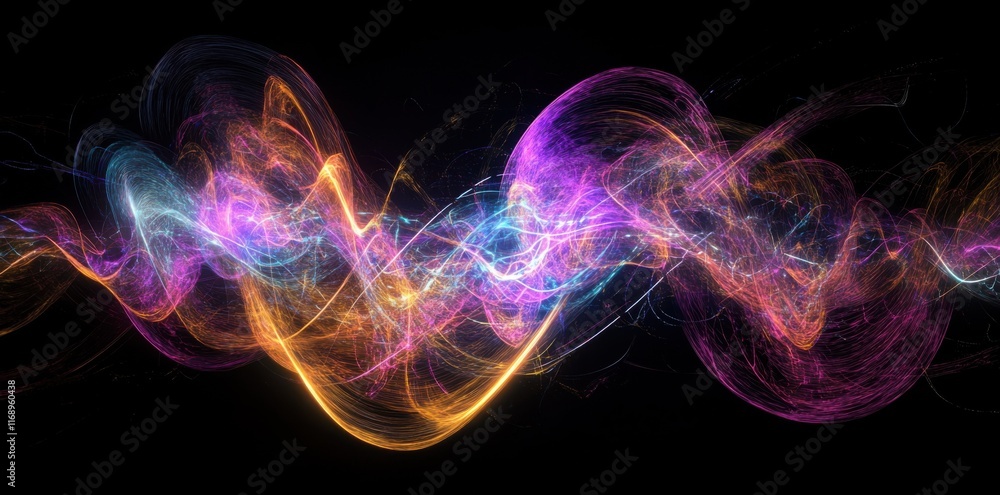 Quantum sound waves rippling through black space, neon-lit music ...