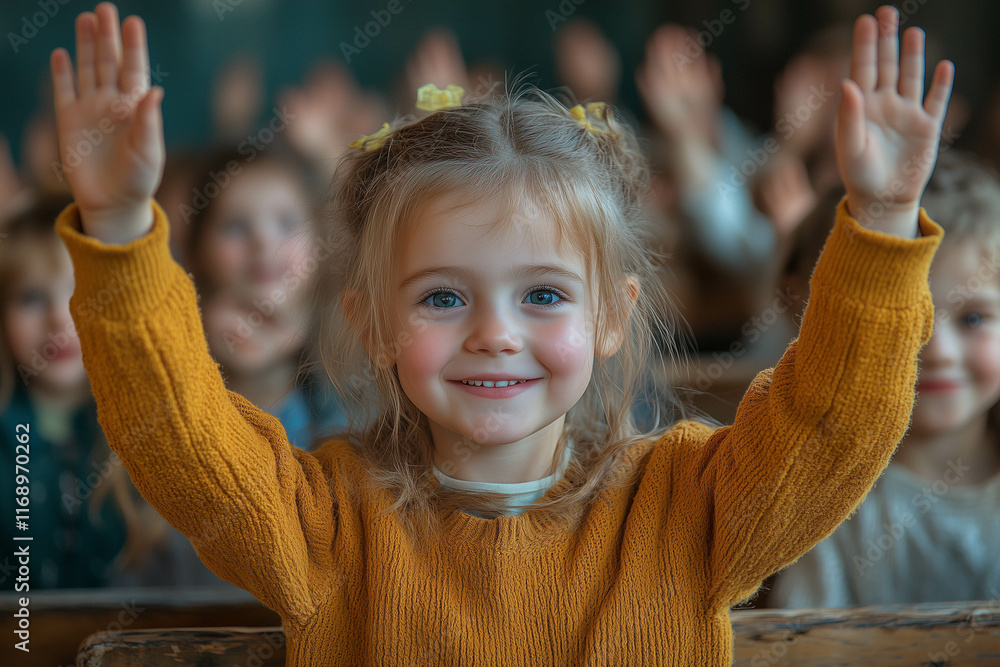 Happy children raising their hands in a classroom at school Stock Photo ...
