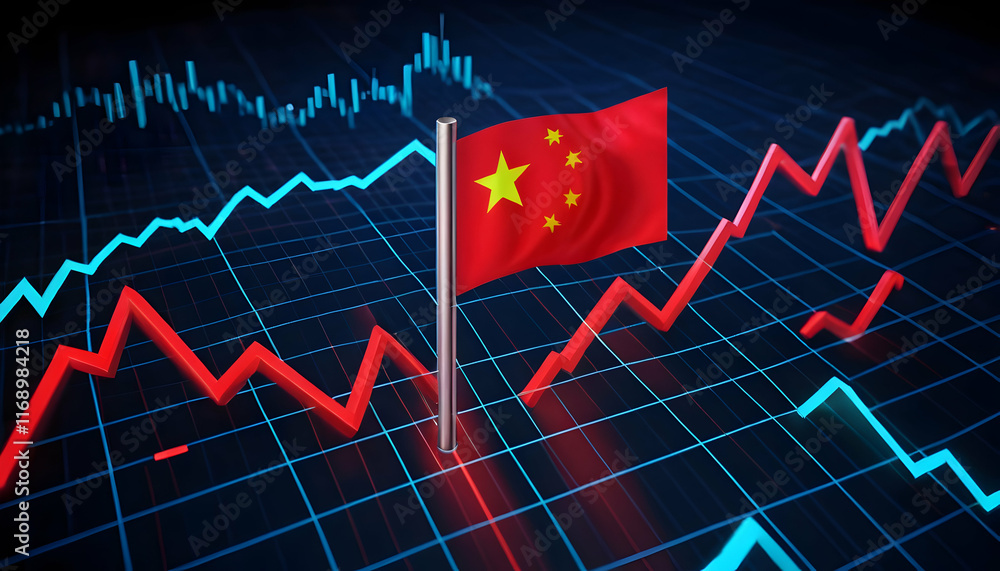 Financial data visualization, Chinese flag, stock market charts, glowing blue graphs, red and ...