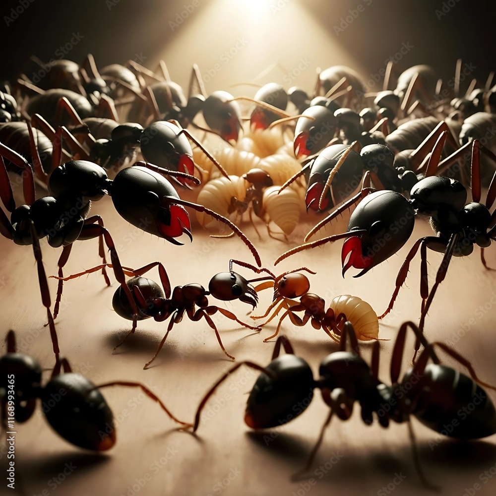 An army of ants waging battle with termites, dramatic lighting, action ...