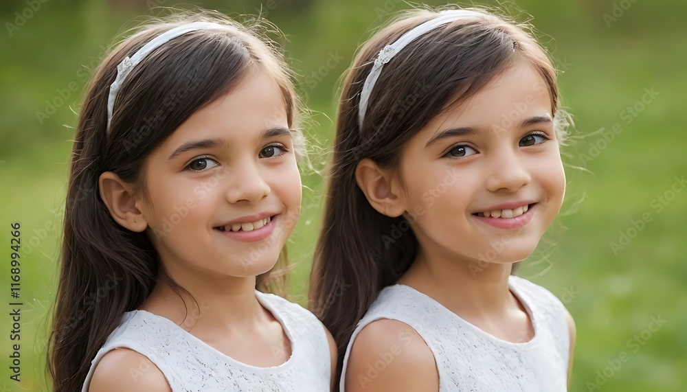 Identical twin girls sisters are posing for the camera. Happy twin ...