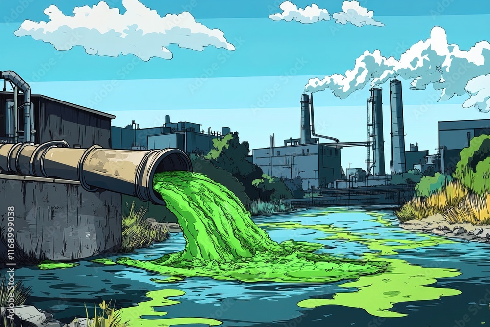 cartoon illustration chemical factory drains green toxic waste from ...