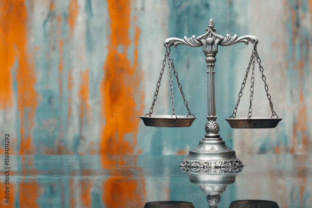 The scales of justice in a courtroom setting, with rows of jury seats ...