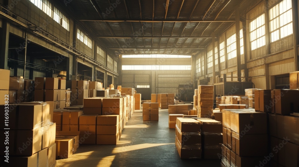 Spacious warehouse filled with stacked cartons and organized storage ...
