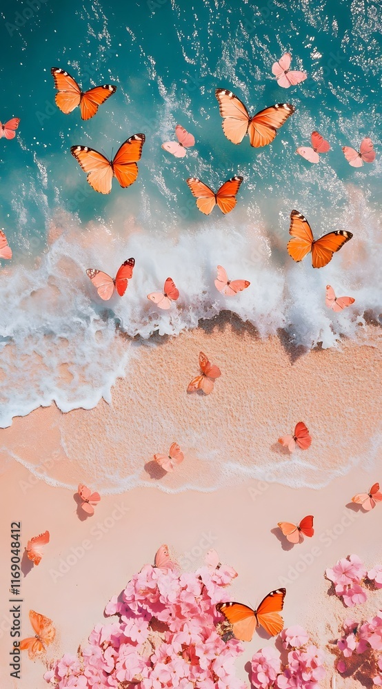 ethereal photography of a nature scene at a beach, butterflies at the ...