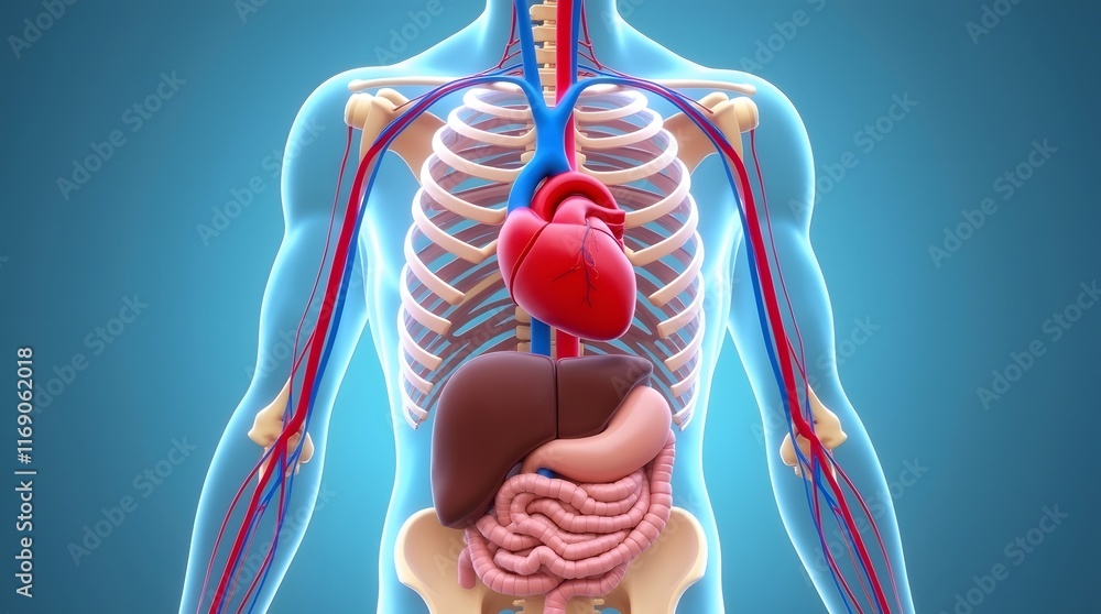 Human body and its vital organs with circulatory and respiratory ...
