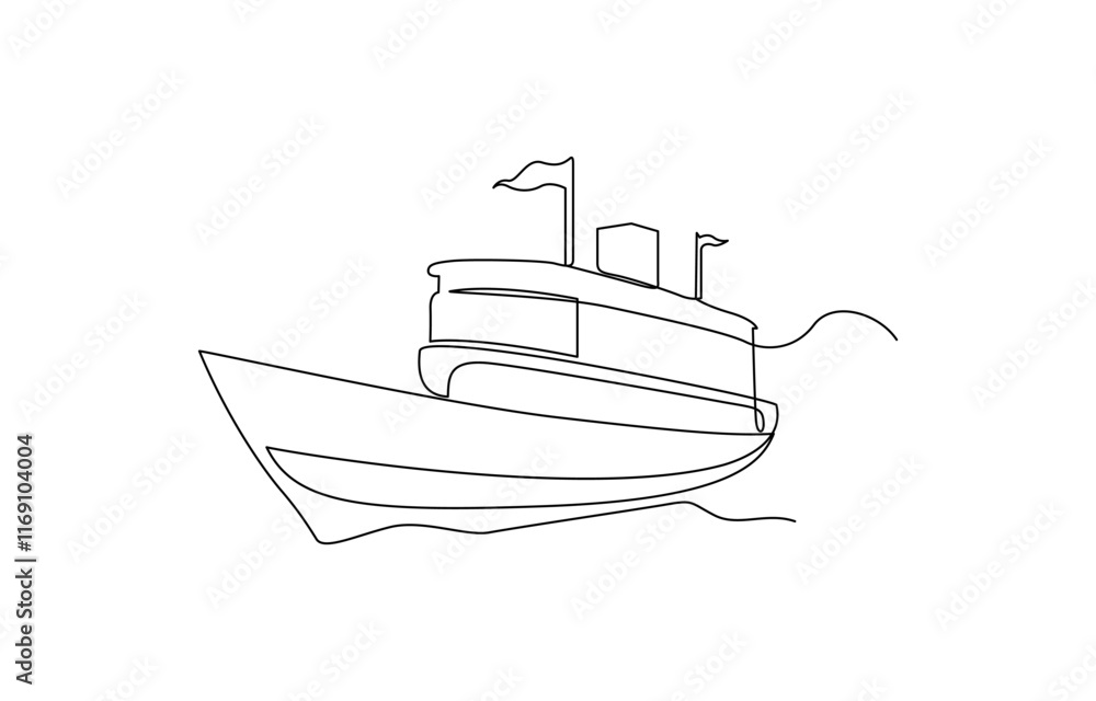 Continuous single line drawing of large cruise ship on ocean, line art ...