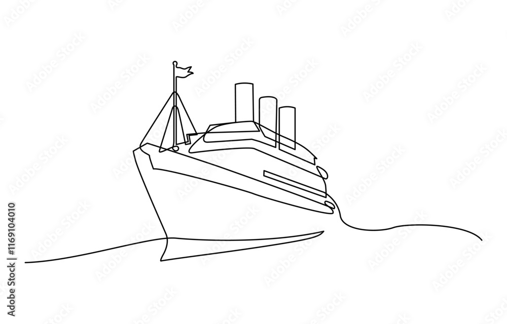 Continuous single line drawing of large cruise ship on ocean, line art ...