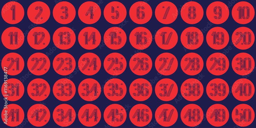 Numbers, 1 to 50 red circle cut lines with blue background Stock Vector ...