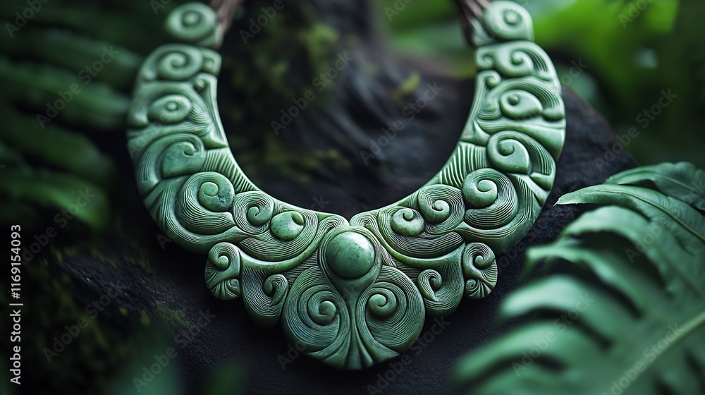 Beautifully crafted 'Maori' greenstone necklace featuring traditional designs motifs worn by ...