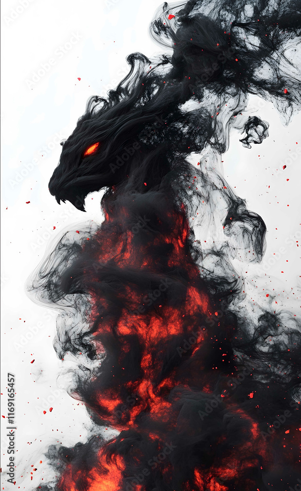 animalistic smoke monster made from black smoke with red burning embers ...