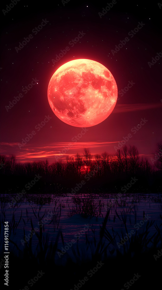 Blood red moon rising over snowy landscape at night. Stock Photo ...