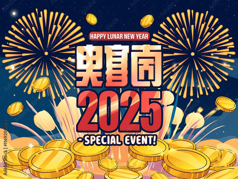 Happy Lunar New Year 2025 Special Event Fireworks and Coins Stock ...
