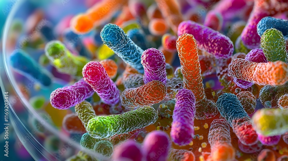 Vibrant and Colorful Microscopic E. coli Bacteria with Intricate Cellular Structures in a ...