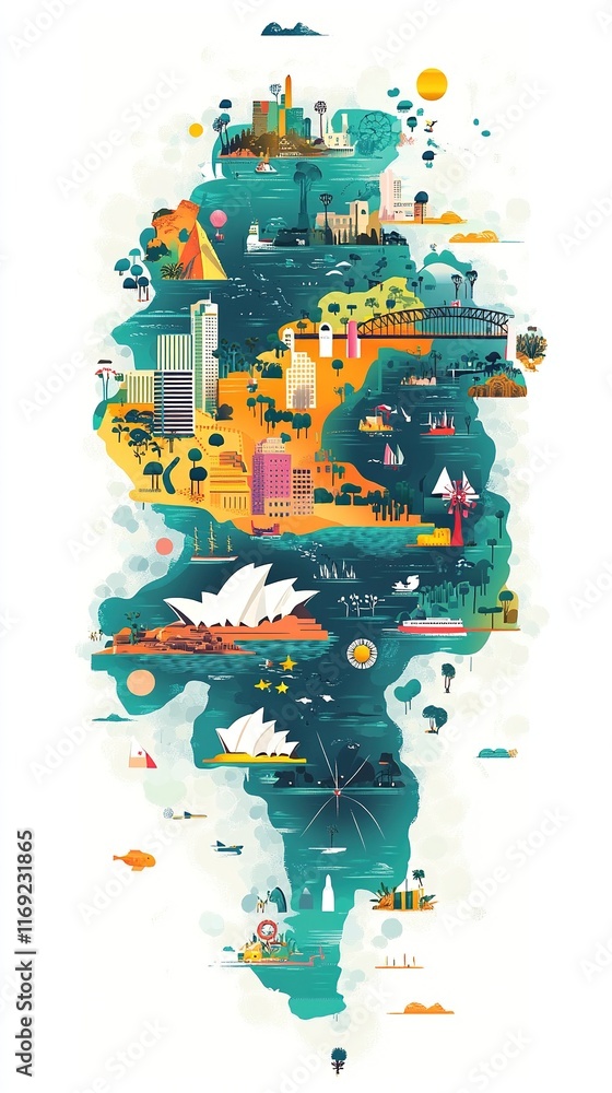 Illustrated map of Sydney, Australia, highlighting landmarks and ...