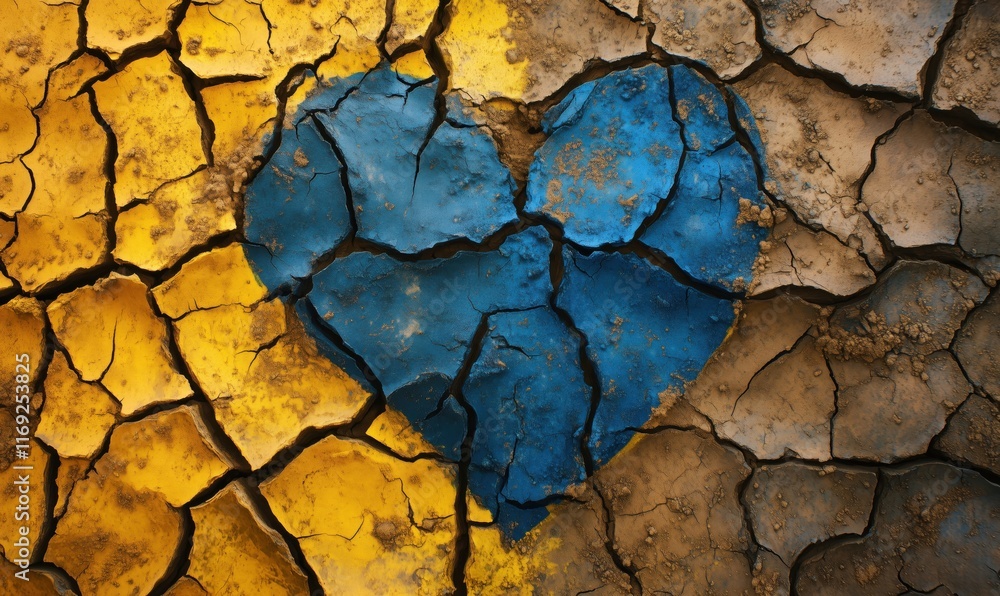 Heart symbol in blue and yellow colors on cracked earth surface ...