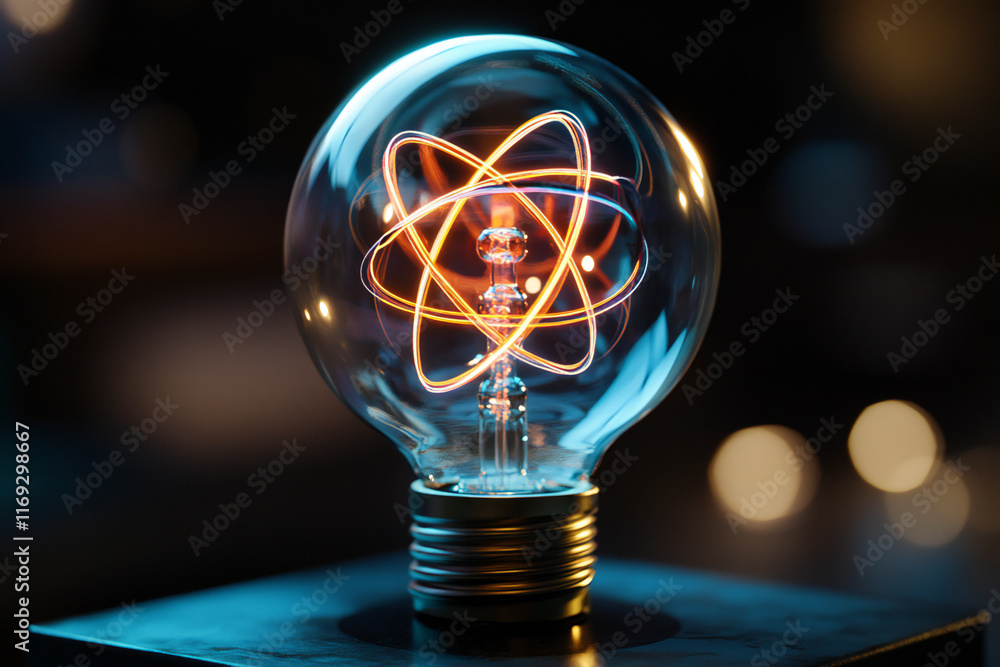Atomic particle as lightbulb filament for nuclear energy imagery.Atom ...