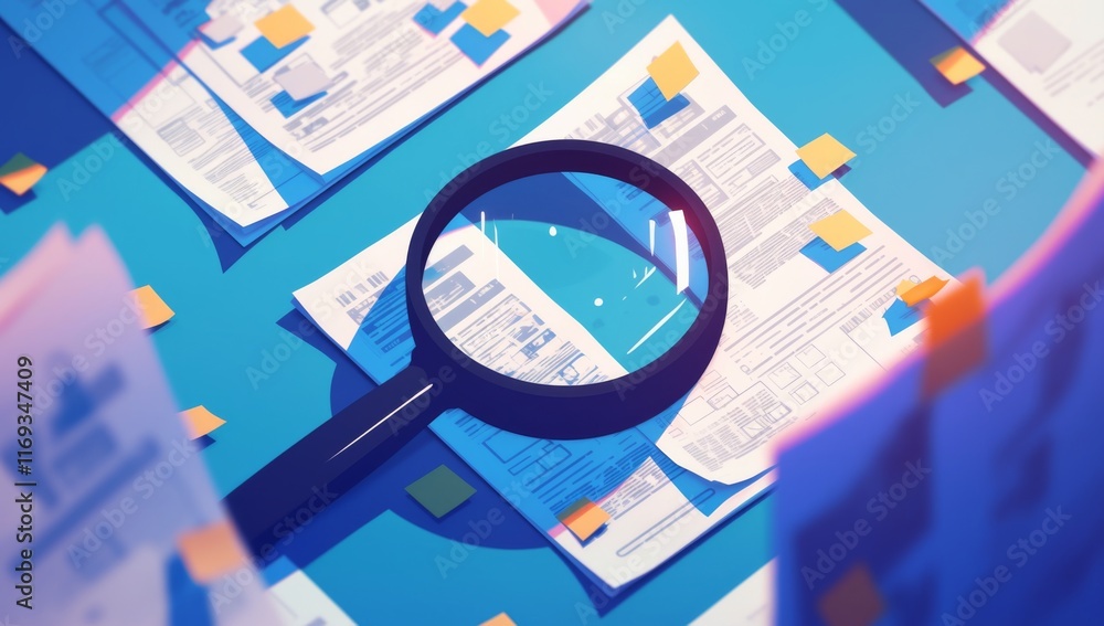 Magnifying glass over document icons on white background, video ...