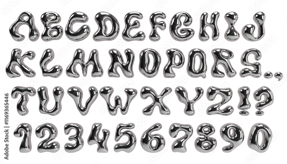 3d chrome liquid font. Liquid metal letters. Silver bubble typeface. Y2K style alphabet. Font ...