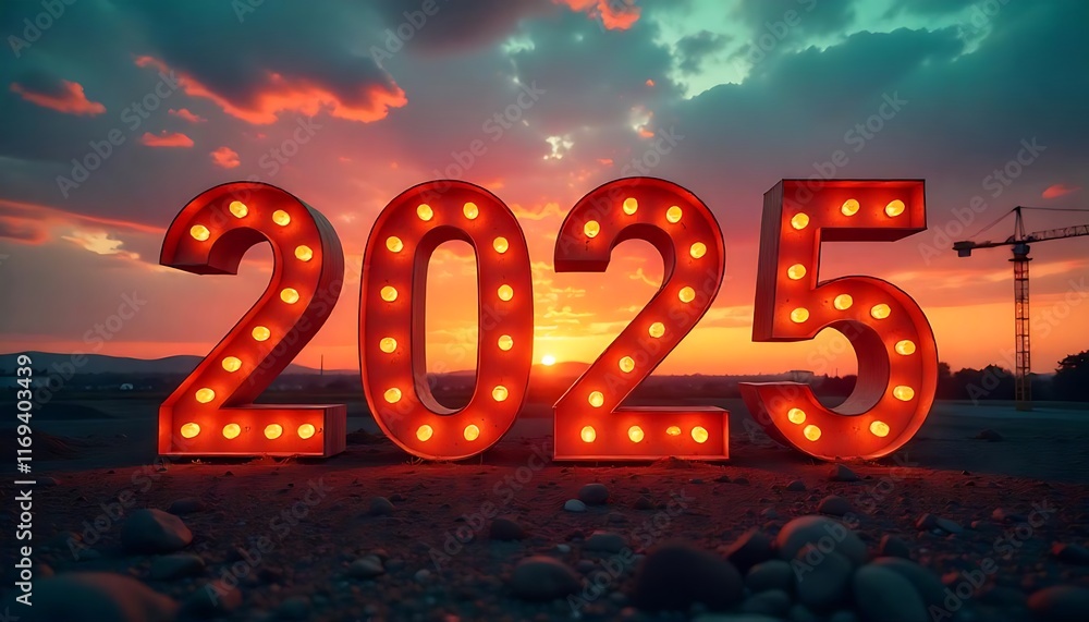 the year 2025 displayed on a construction site at sunset, a New Year's Eve scene, Banner ...