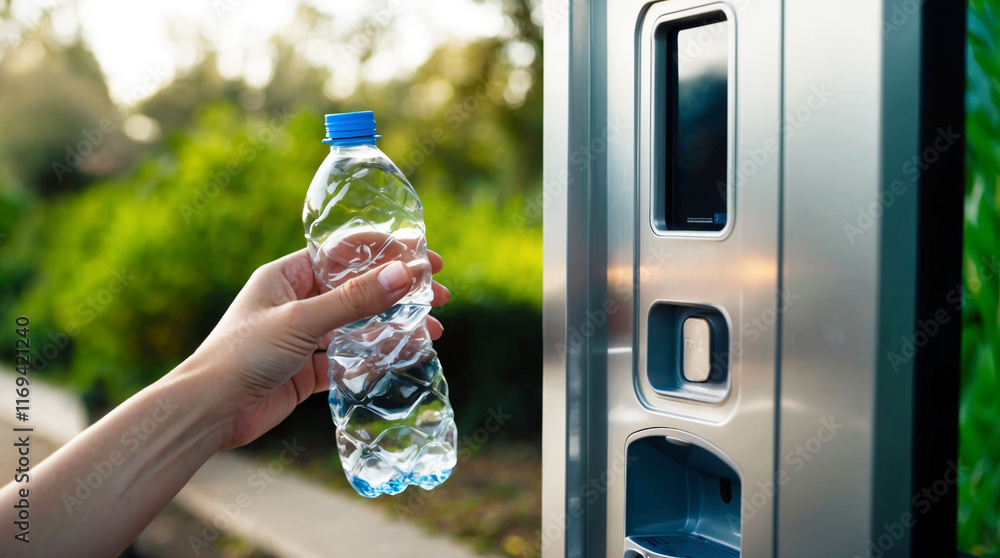 Placing empty plastic bottle into a reverse vending machine. Deposit ...