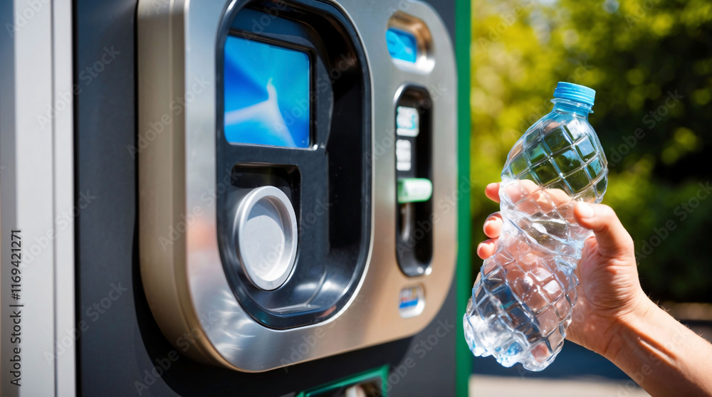 Placing empty plastic bottle into a reverse vending machine. Deposit ...