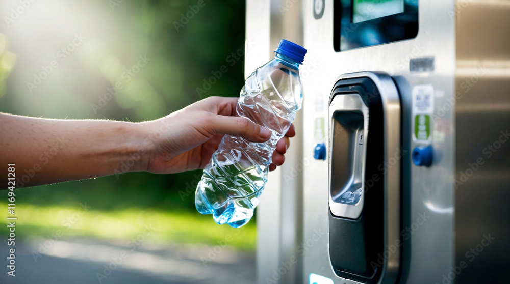Placing empty plastic bottle into a reverse vending machine. Deposit ...