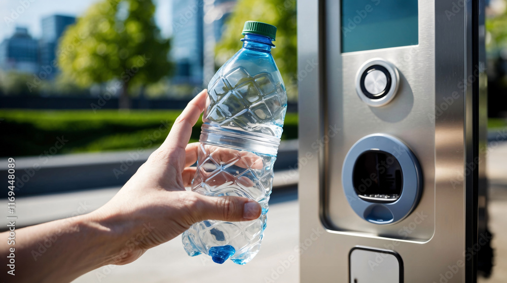Placing empty plastic bottle into a reverse vending machine. Deposit ...