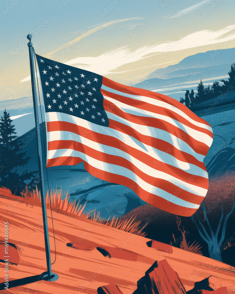 American flag waving in nature with mountain backdrop. Patriotic ...