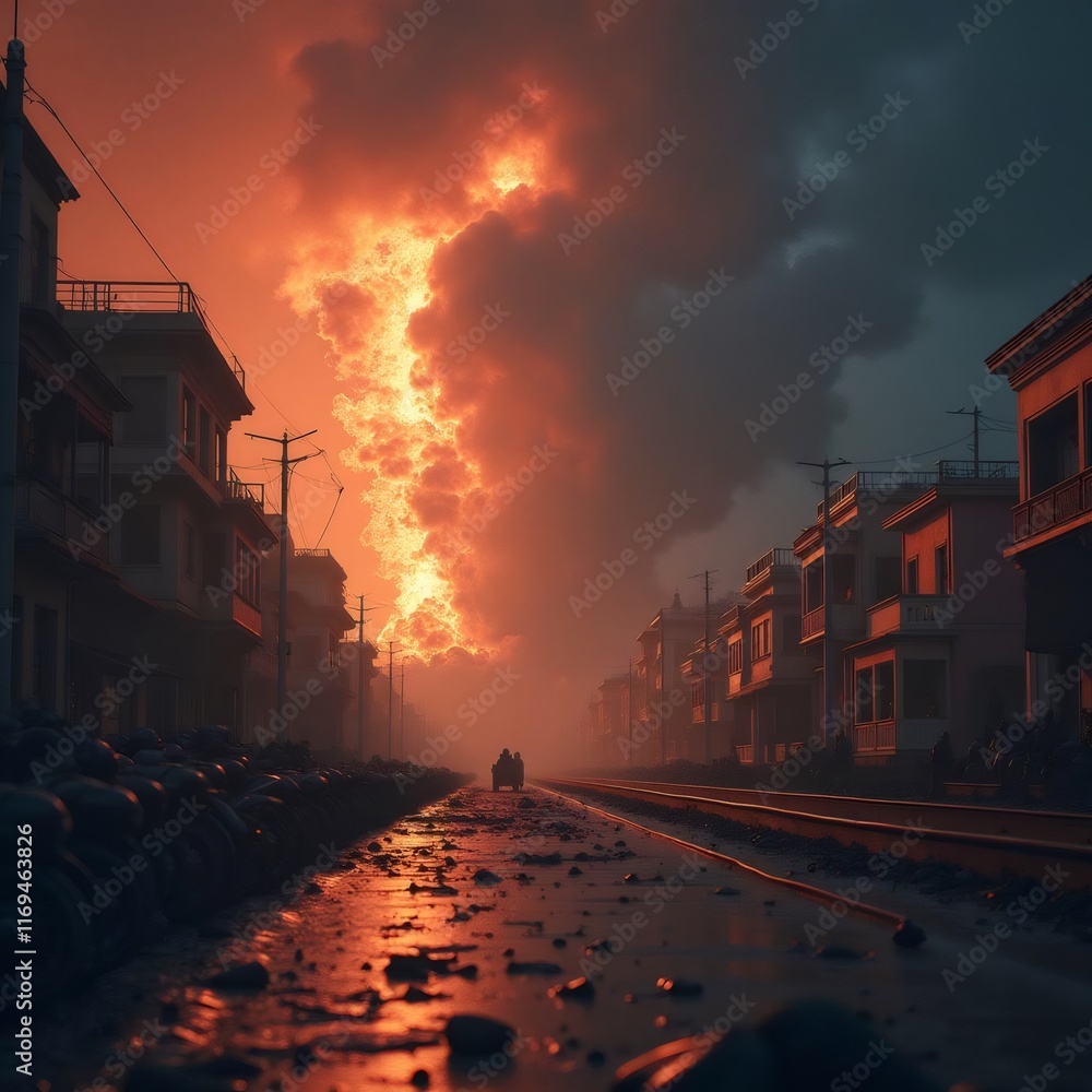 Impresionante puesta de sol teñida de rojo sobre una ciudad en ruinas ...