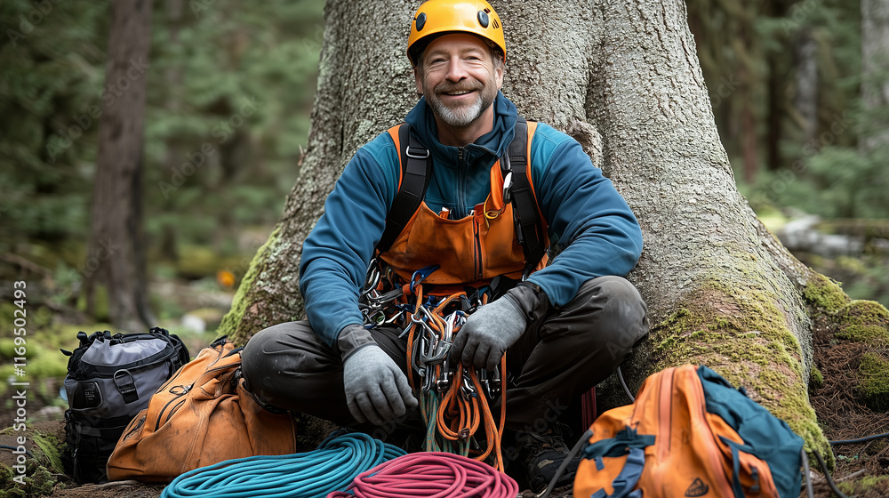 professional arborist setting up ropes and anchors at the base of a ...