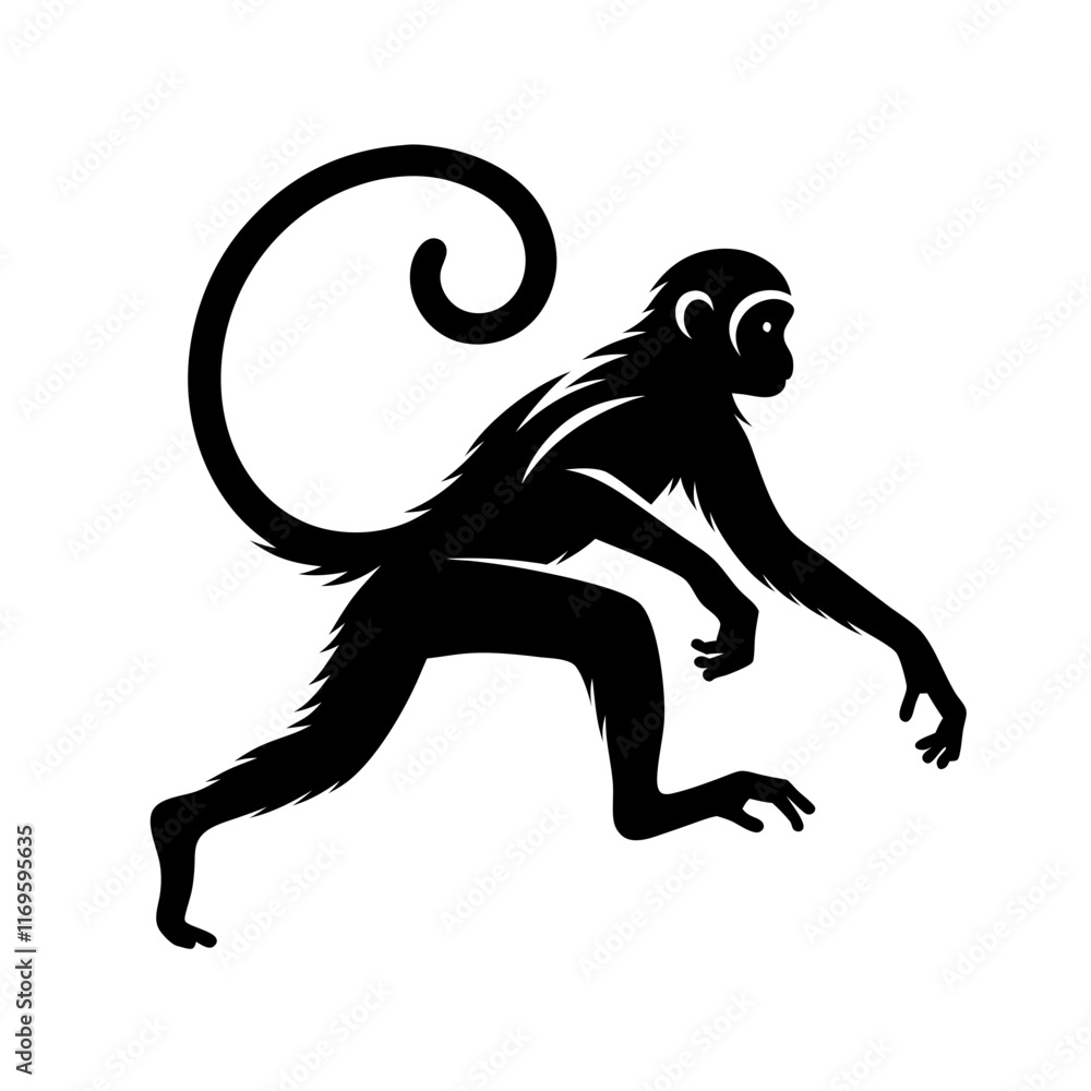 Monkey silhouette in dynamic pose, such as swinging from branch or ...