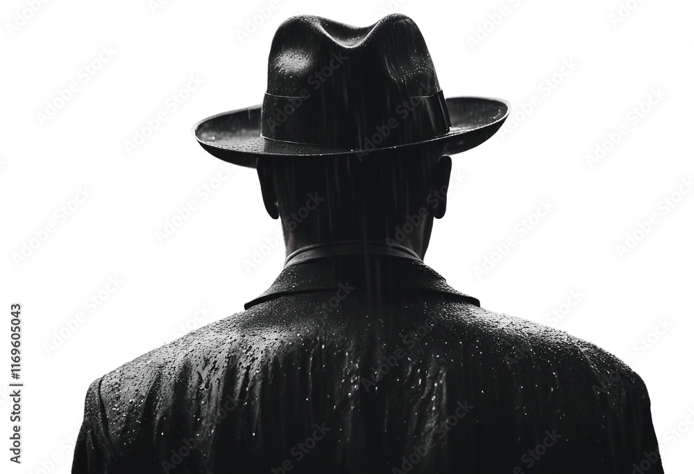 Noir movie back view of 40s gangster wearing hat standing under the ...