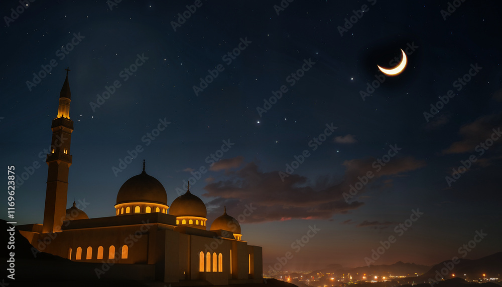Ramadan Background Islamic architecture and half moon and the sky has ...