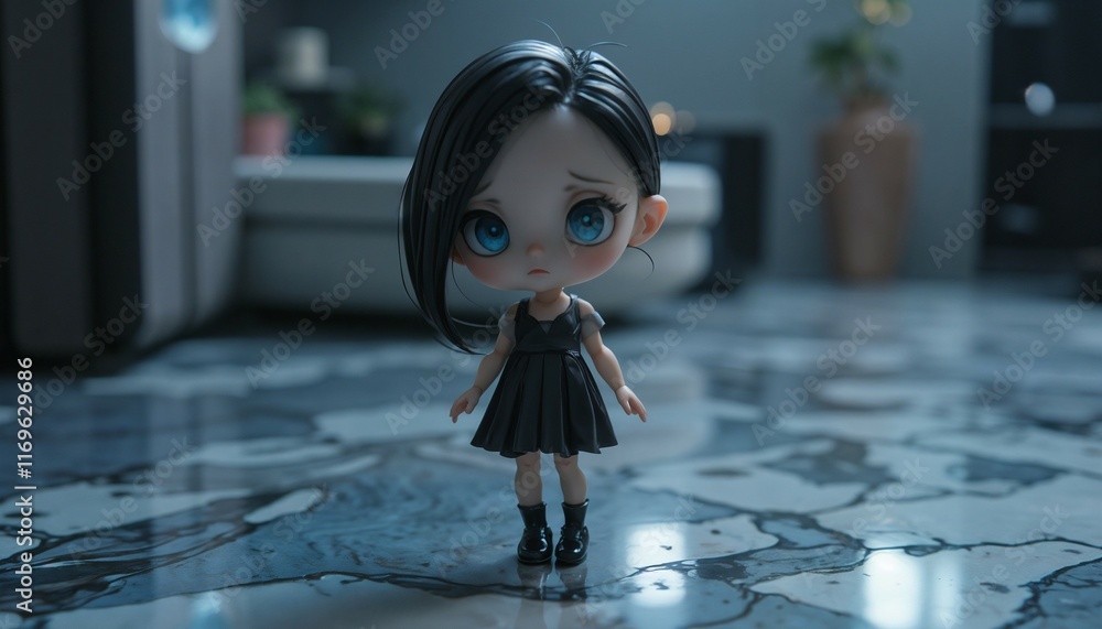 Sad doll with blue eyes in a black dress standing on a marble floor in ...