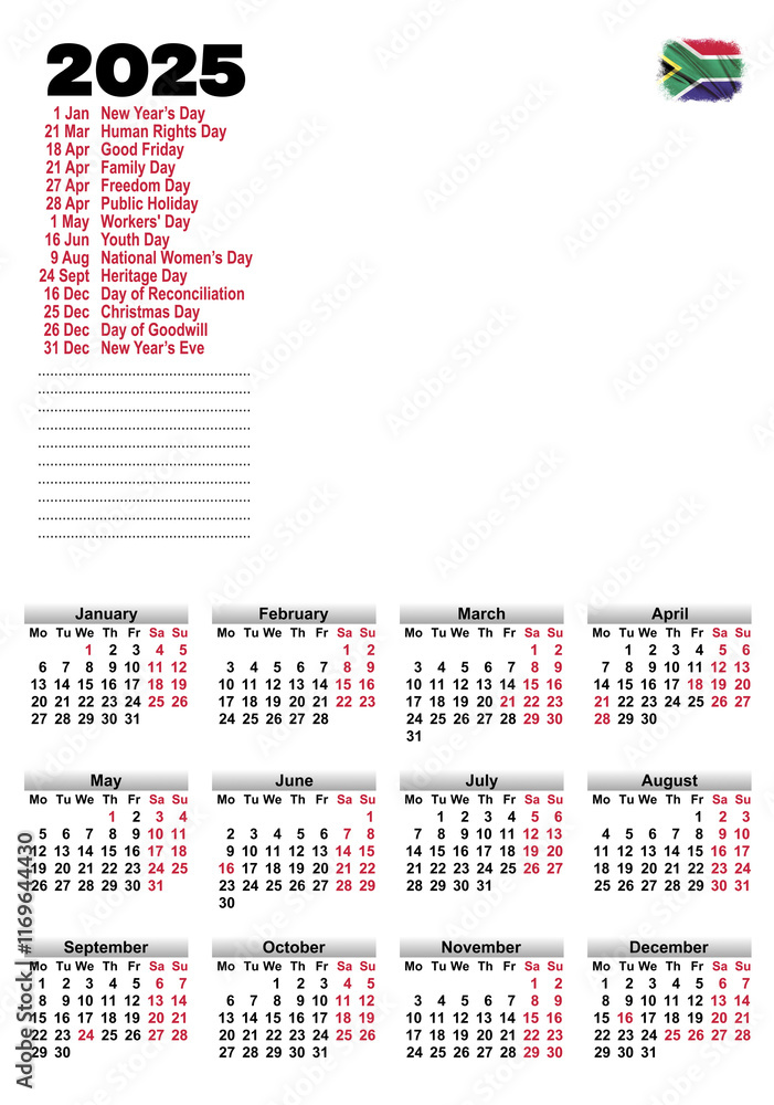 A transparent PNG overlay of a 2025 calendar featuring South African ...