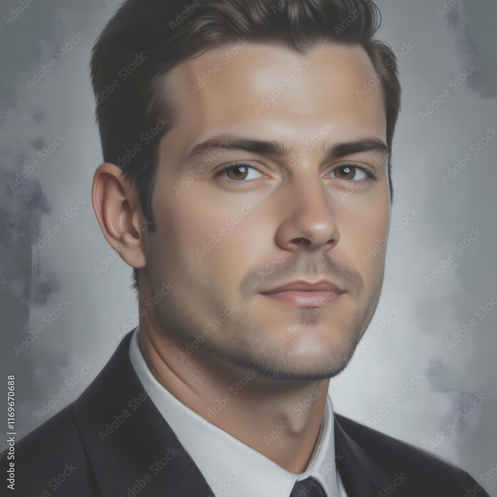 Ilustración de Stock Un hombre joven con cabello oscuro y traje formal posa para un retrato ...