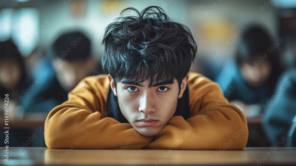 Teenage Asian male student face hidden, classroom desk, blurred ...