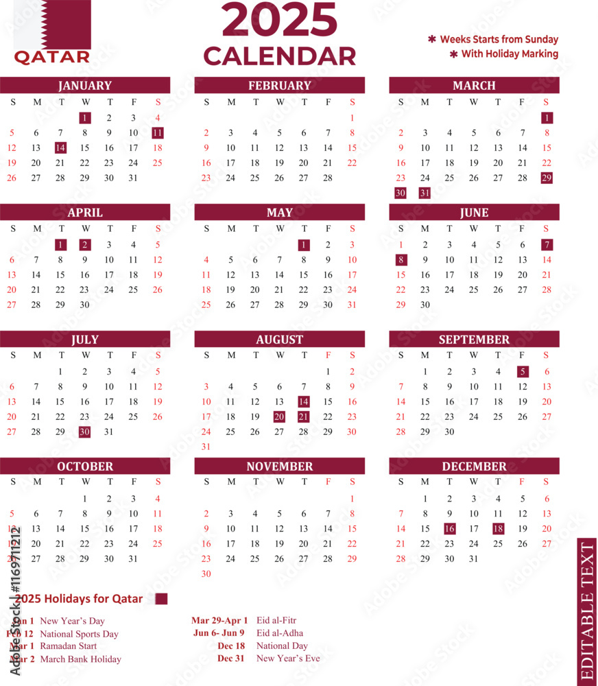 Qatar 2025 Yearly Calendar with Holidays and Events Stock Vector ...