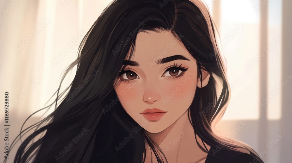 Stunning Anime Girl Portrait: Long Black Hair, Soft Features, Gentle ...