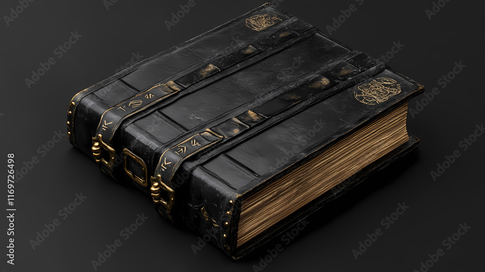 Gothic-style old book bound in black leather, with iron clasps and dark ...
