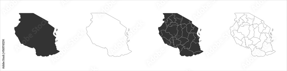 Tanzania set of three maps - solid map, outline map and map highlighting administrative ...