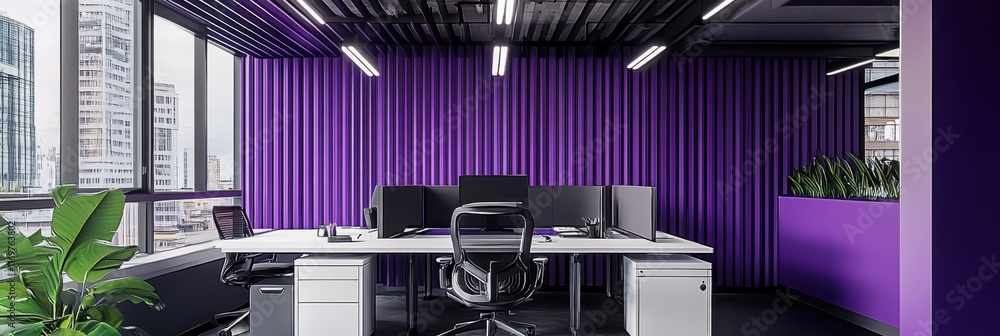 modern office interior, purple accent wall, sleek workstations, floor ...