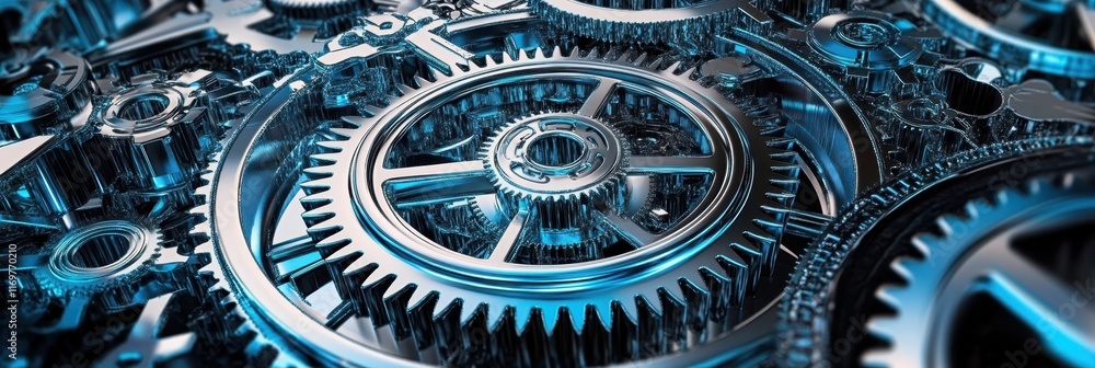 Industrial machinery, detailed metal gears, interlocking cogs, blue tinted metallic surfaces ...