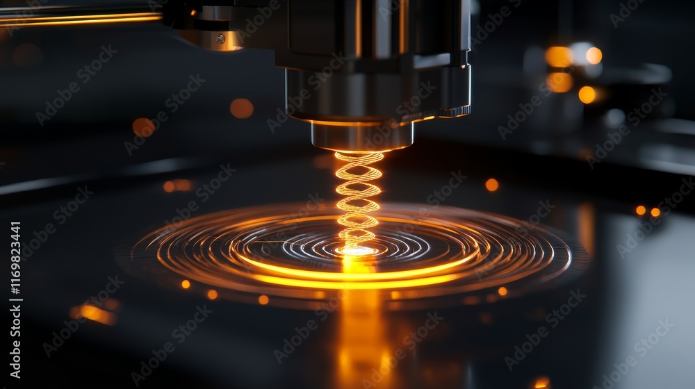 Side view of a 3D printer fabricating a spiral tower design, molten ...